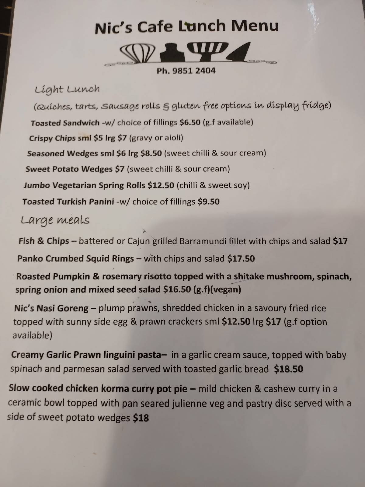 Menu at Nic's Cafe and Catering, Mount Barker, 31 Lowood Rd