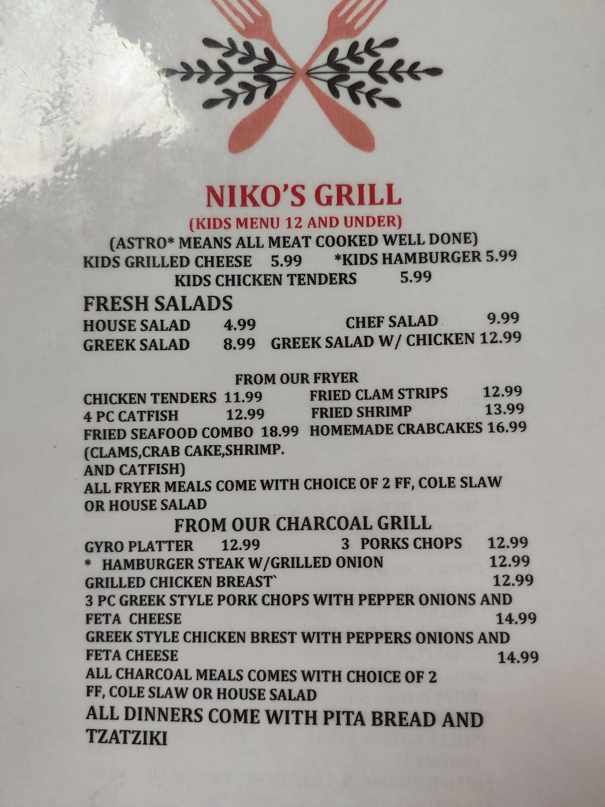 Menu at Niko's Grill restaurant, Calhoun