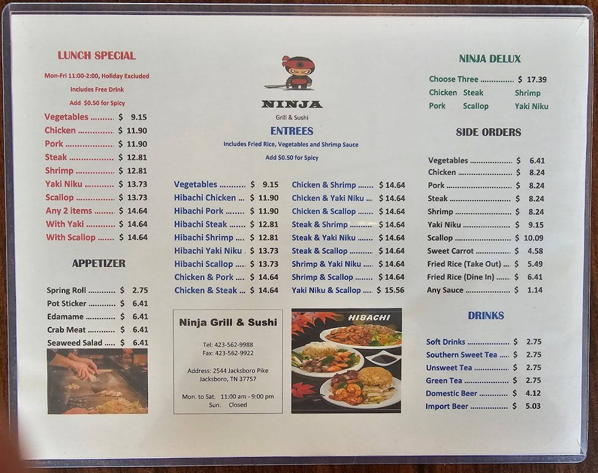 Menu at Ninja Hibachi Grill restaurant, Jacksboro