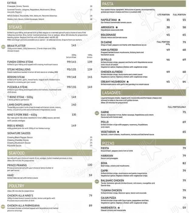 Menu at Nino's restaurant, Durban, Jack Martens Drive