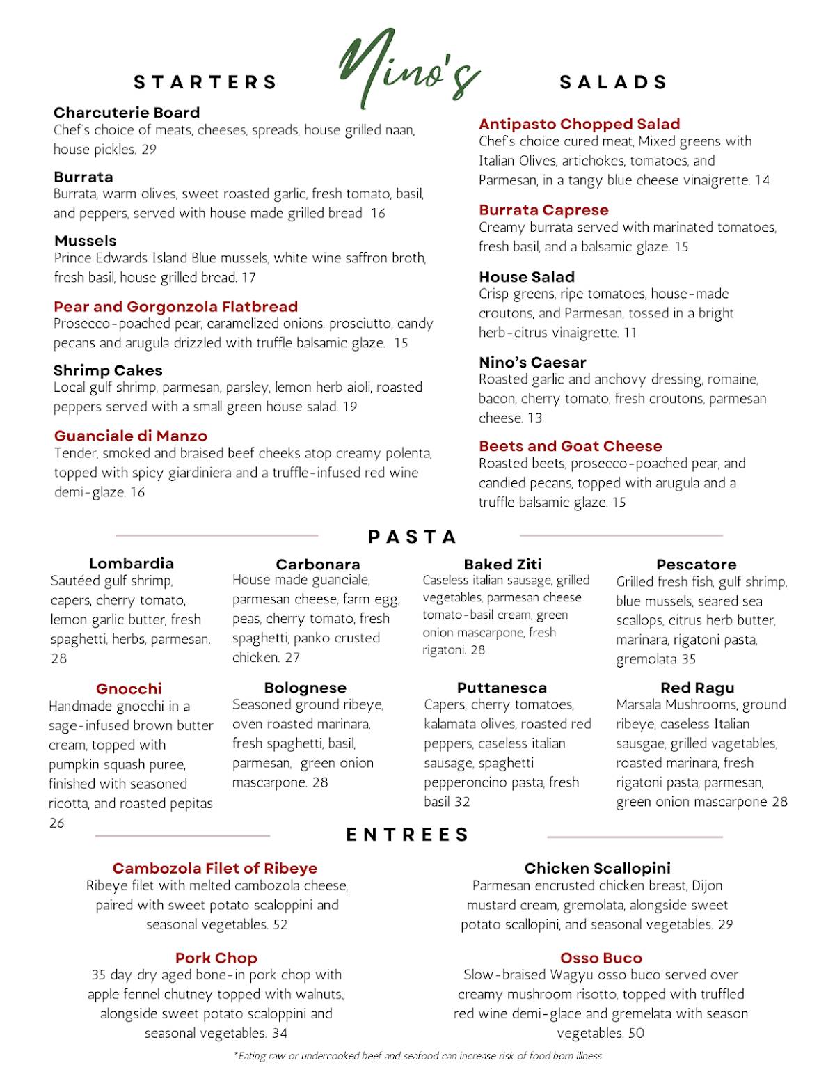 Menu at Nino's restaurant, Baton Rouge