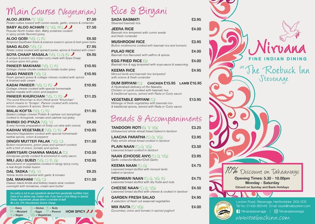 Menu at Nirvana restaurant, Stevenage