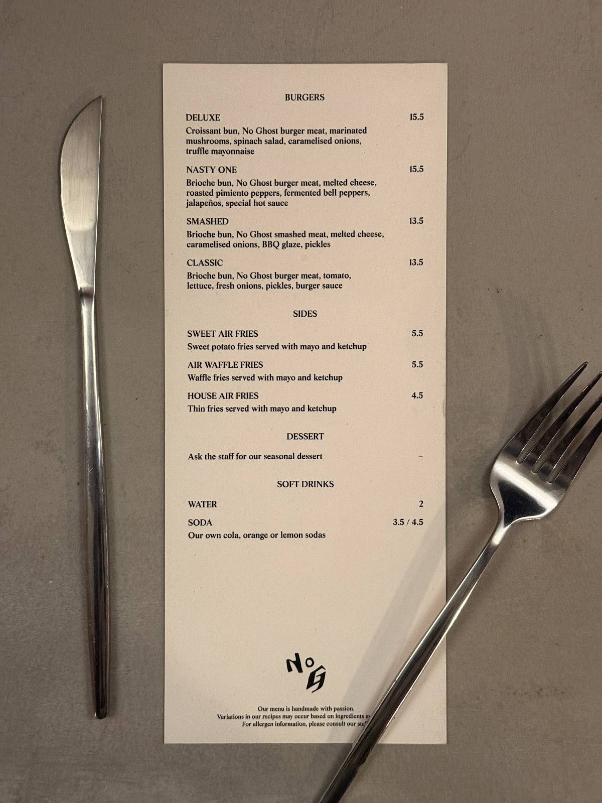 Menu at No Ghost restaurant, Antwerp