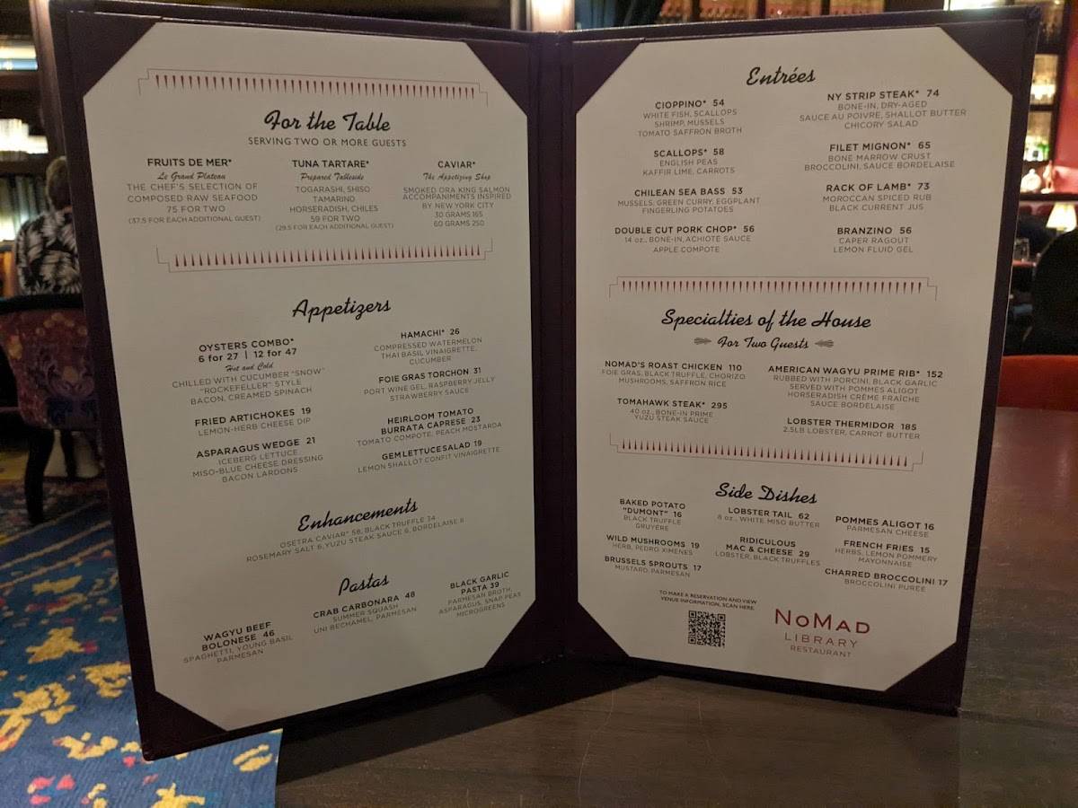 Menu at NoMad Library Restaurant, Las Vegas