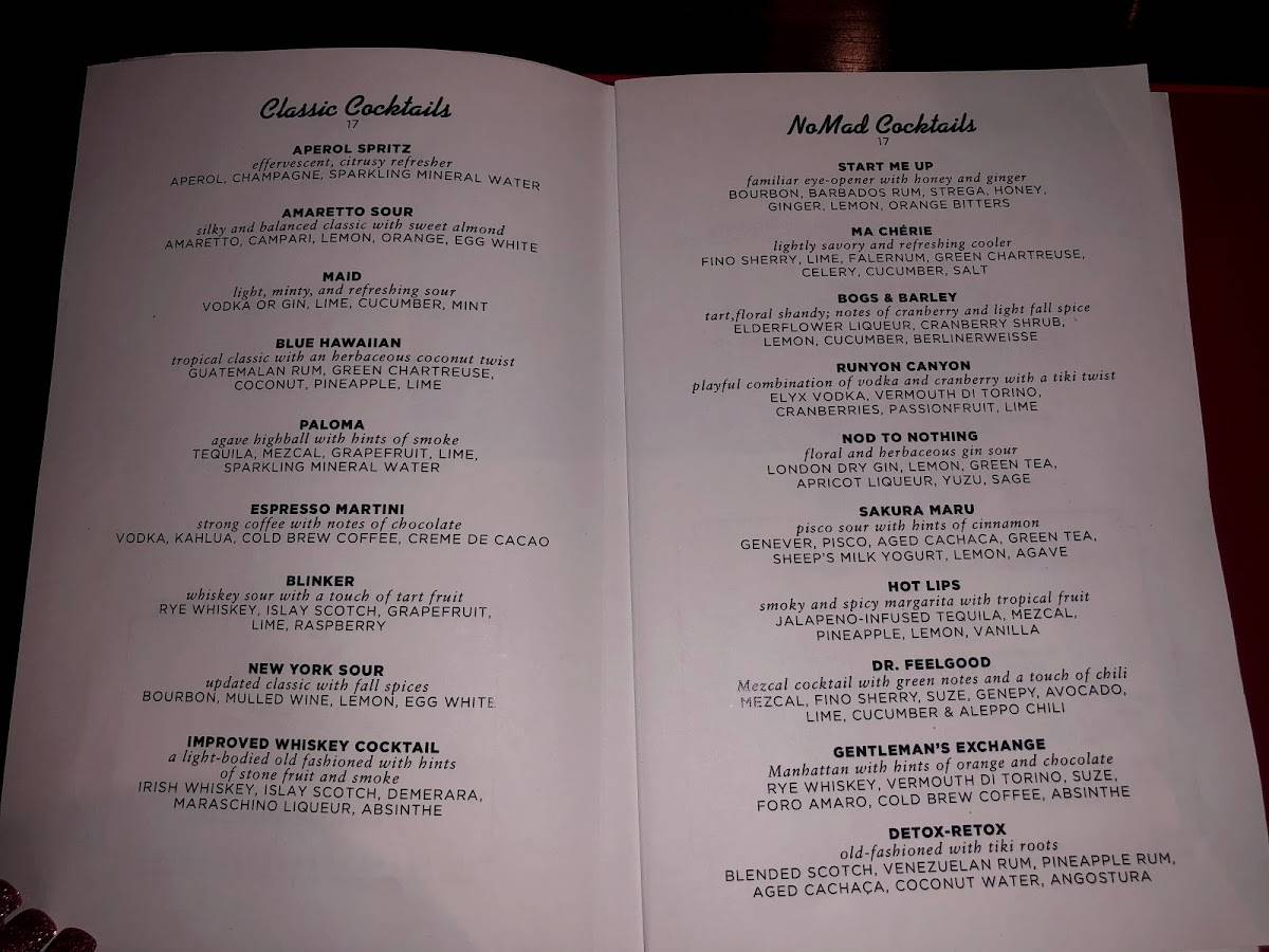 Menu at NoMad Library Restaurant, Las Vegas