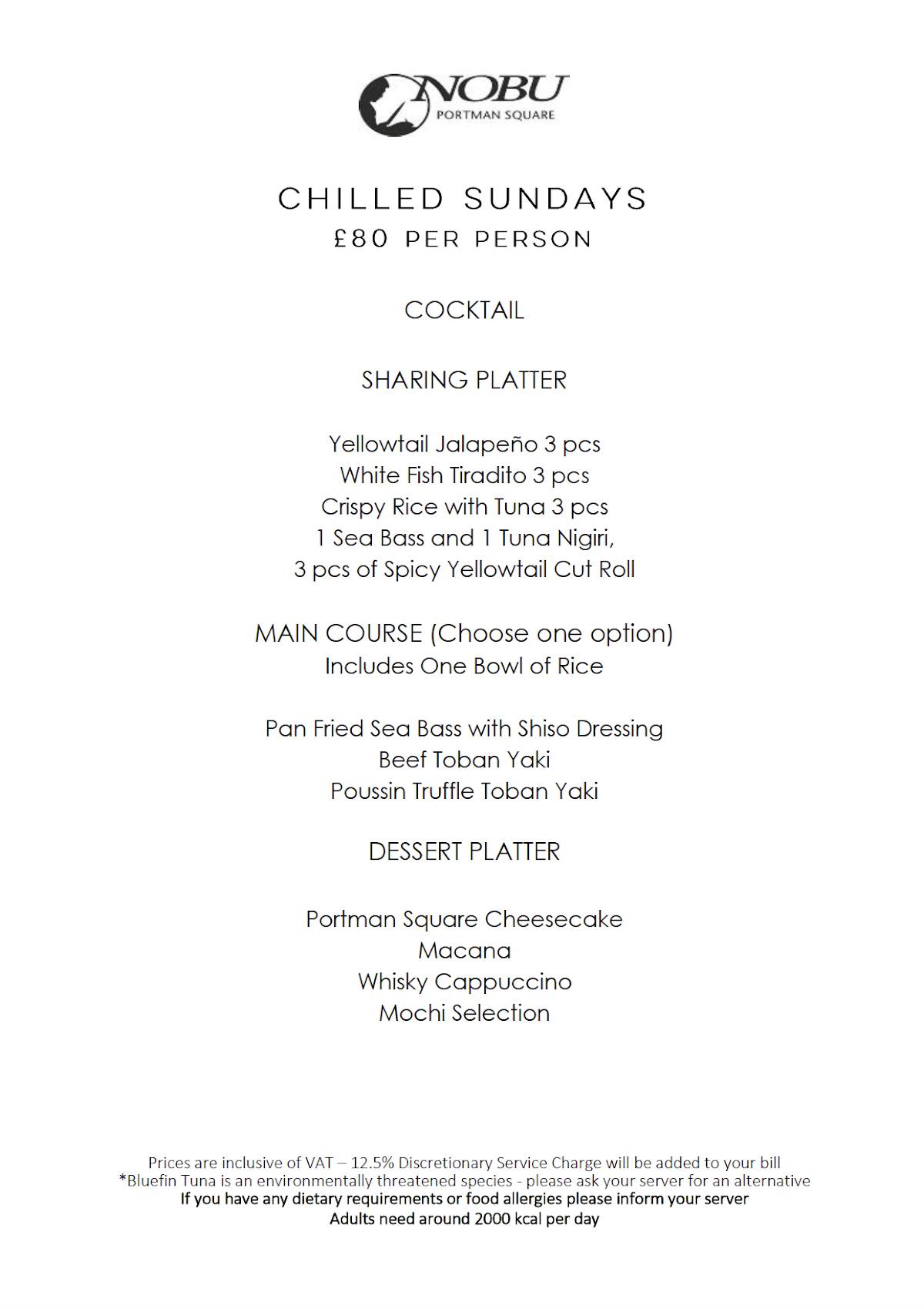 Menu at Nobu restaurant, London
