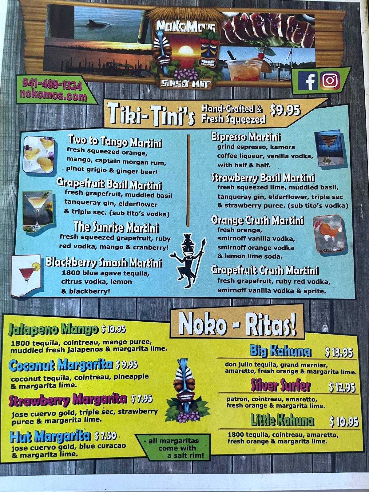 Menu at Nokomo's Sunset Hut restaurant, Nokomis