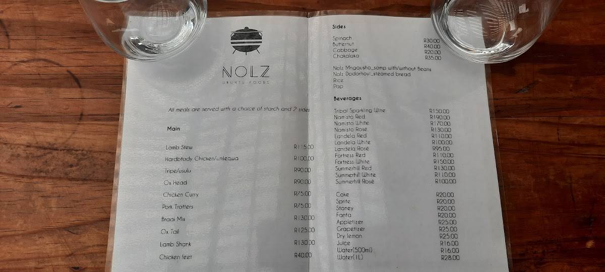 Menu at Nolz Kitchen restaurant, Cape Town, Salt Orchard