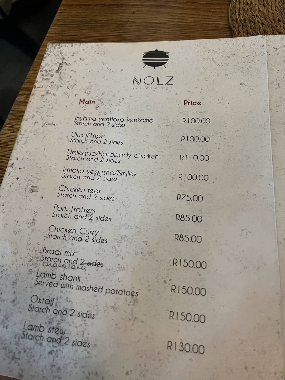 Menu at Nolz Kitchen restaurant, Cape Town, Salt Orchard