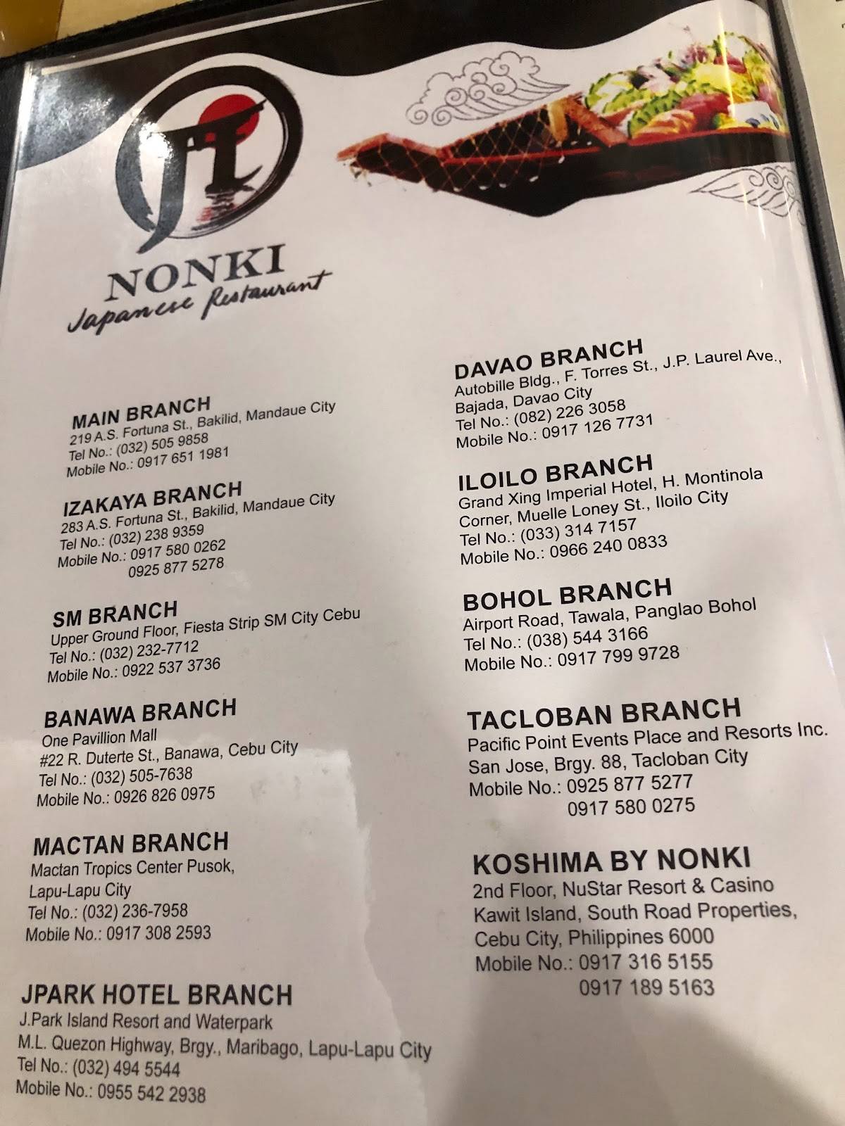 Menu at Nonki restaurant, Cebu City, Sergio Osmeña Jr Boulevard Mabolo