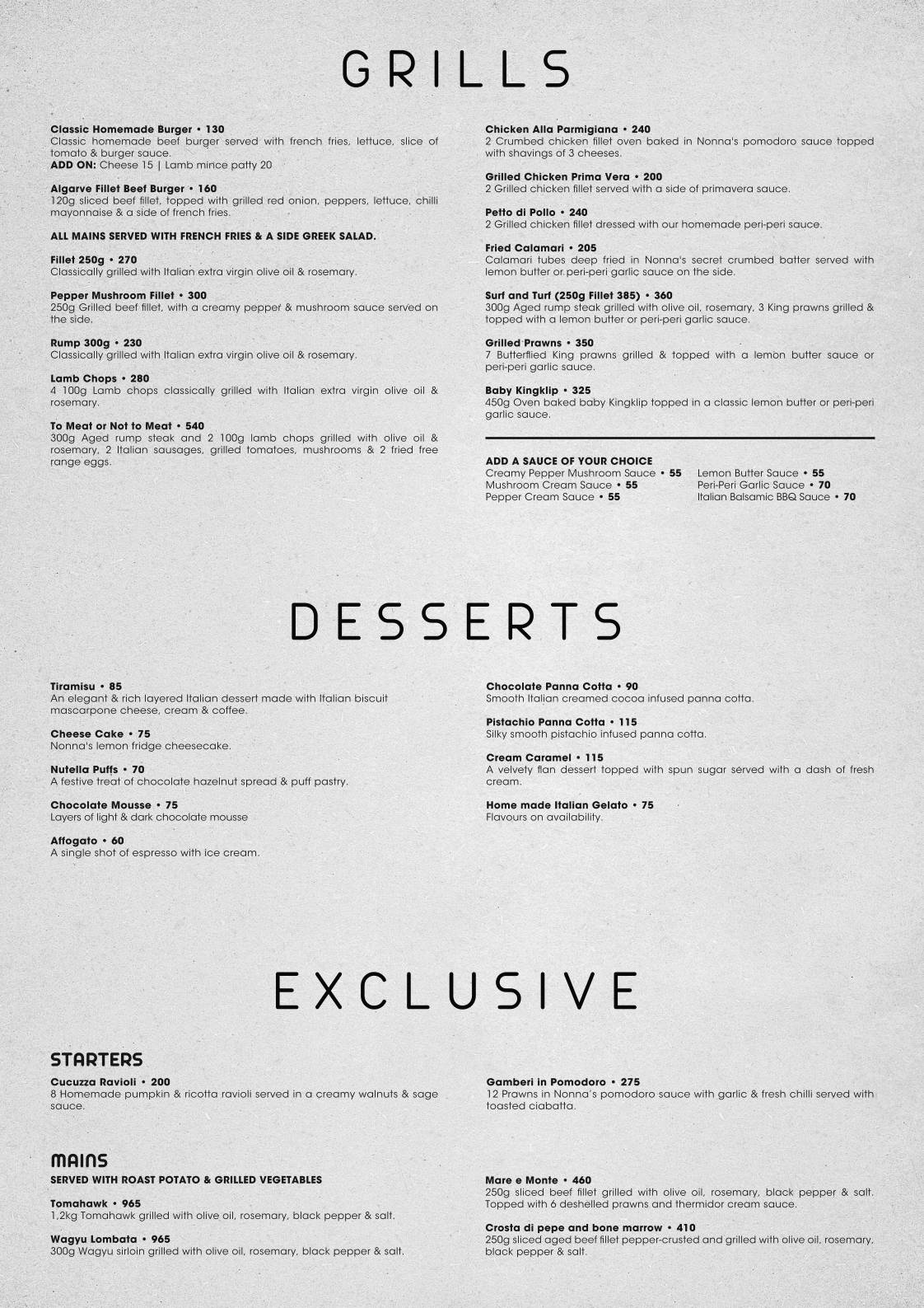Menu at Nonna's Italian Kitchen Florida restaurant, Durban