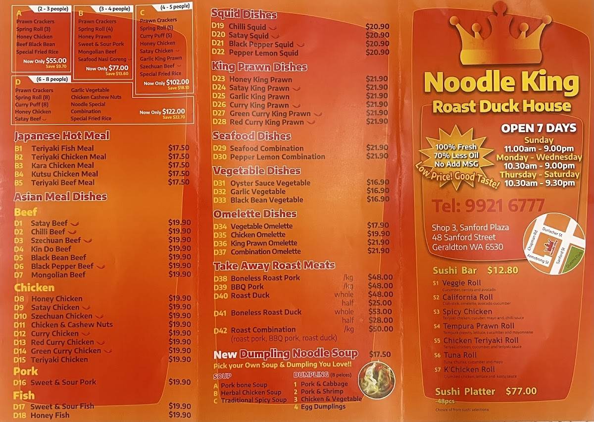 Menu at Noodle King restaurant, Geraldton, shop 3/48 Sanford St
