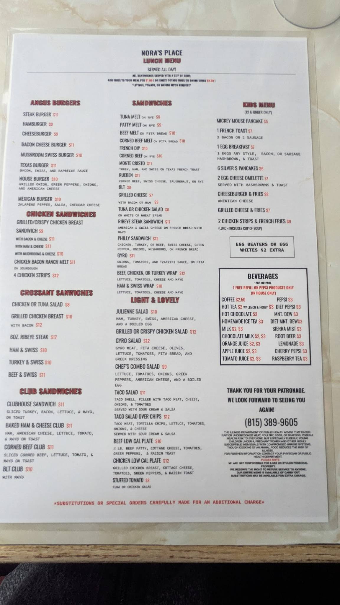 Menu at Nora's Place cafe, South Beloit