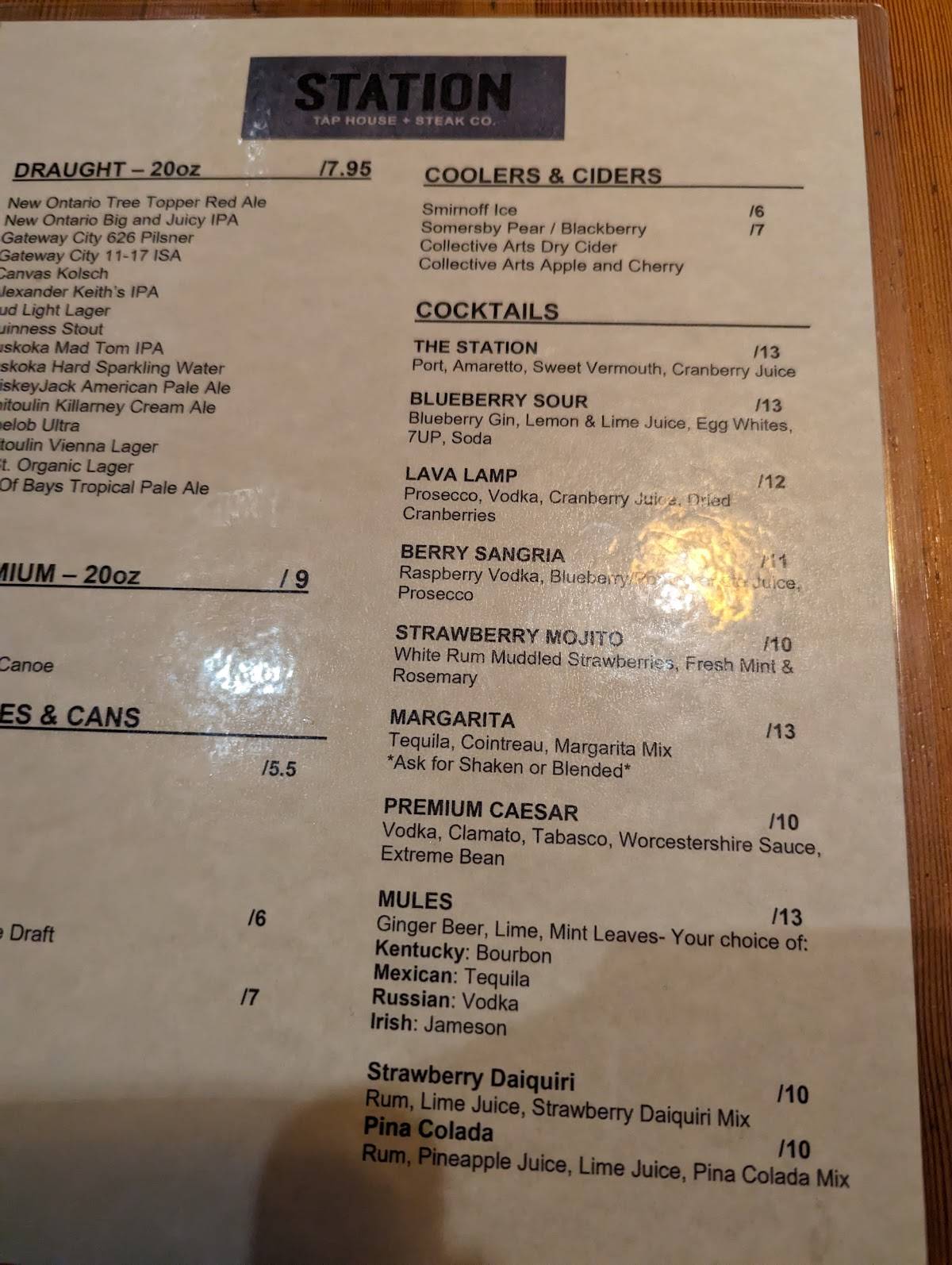 Menu at Station Tap House & Steak Co steakhouse, North Bay