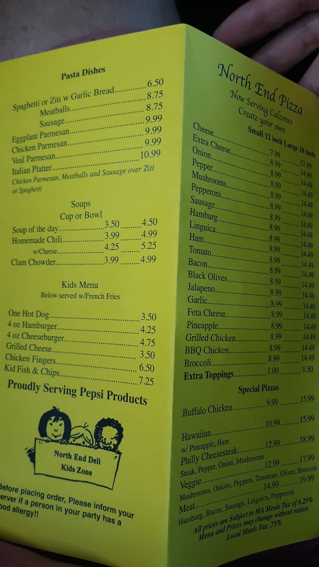 Menu at North End Market & Deli pizzeria, Brockton