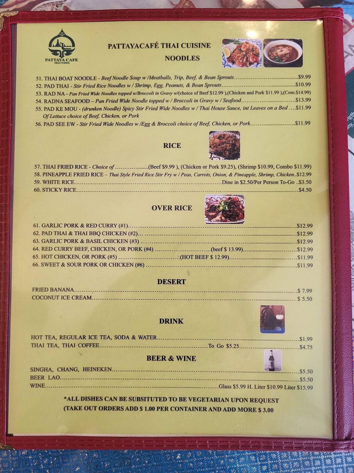 Menu at Pattaya Cafe Thai Cuisine, North Highlands