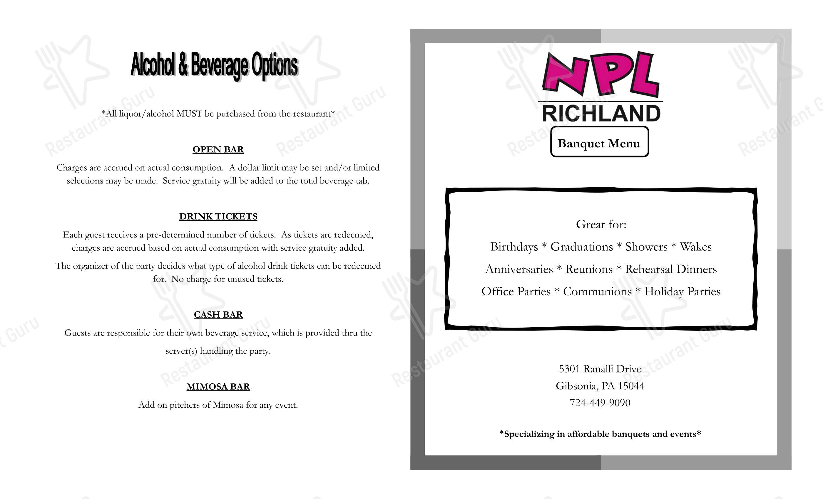 Menu at North Park Lounge Richland pub & bar, Gibsonia
