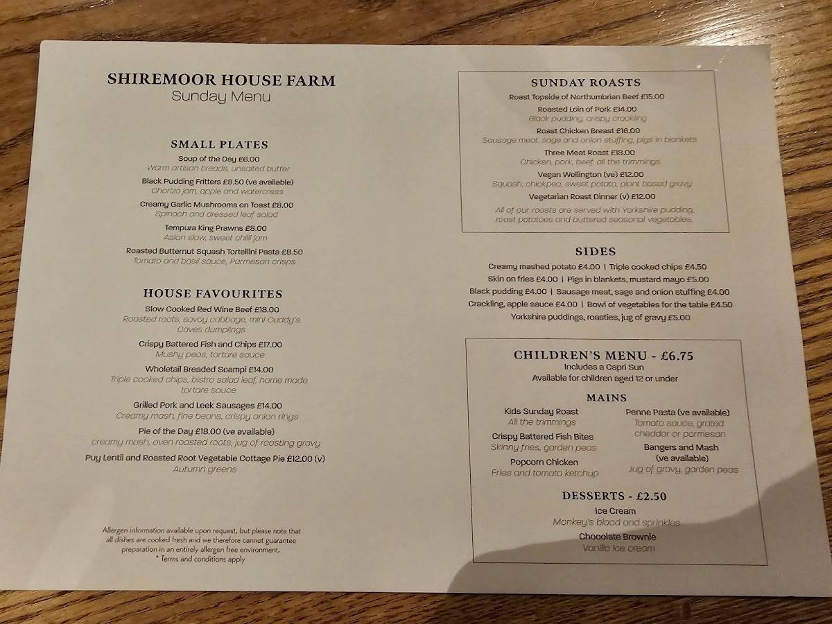 Menu at Shiremoor House Farm pub & bar, North Shields, Middle Engine Ln