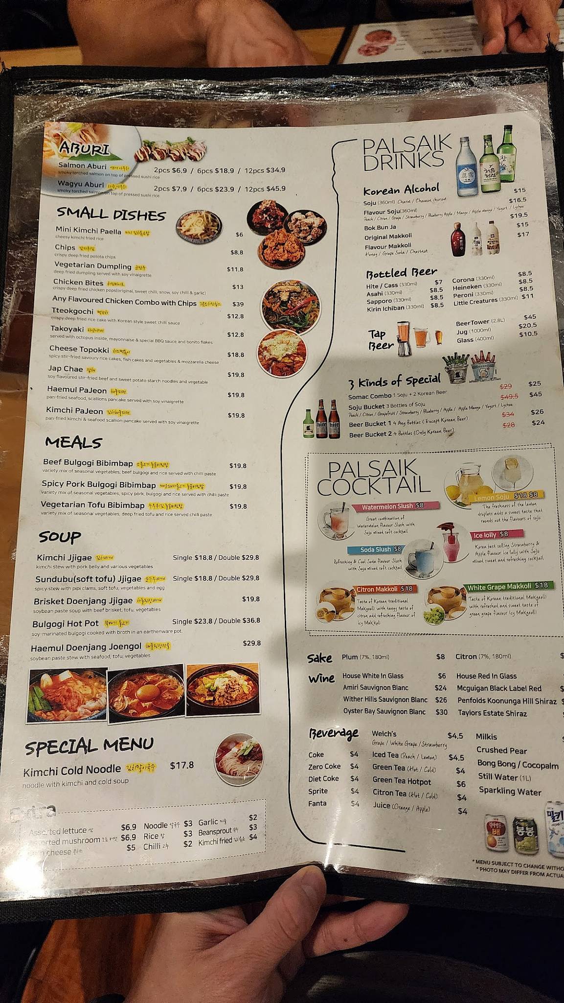 Menu at Palsaik Korean BBQ, Northbridge, 73 Lake St
