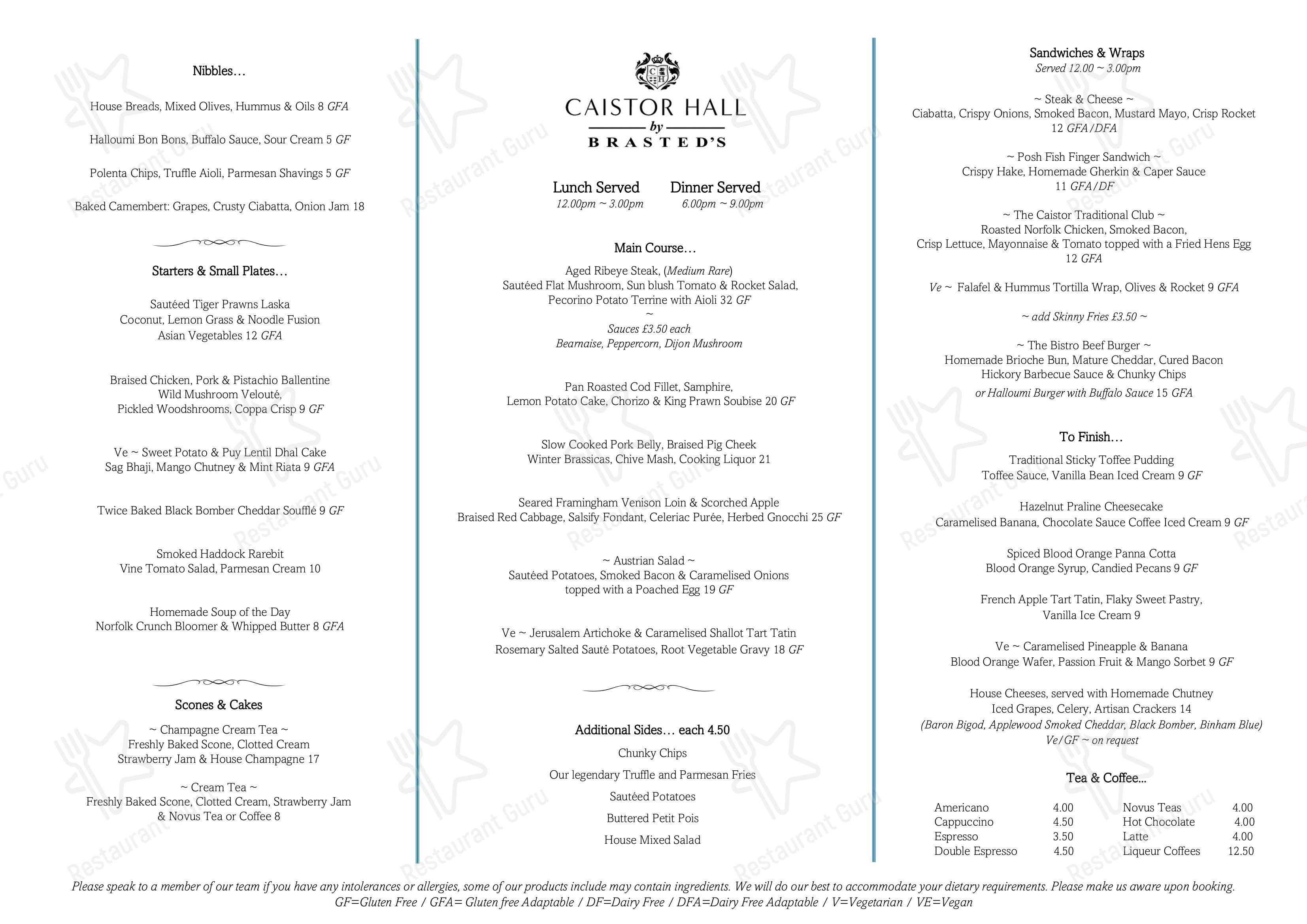 Menu at Caistor Hall restaurant, Norwich