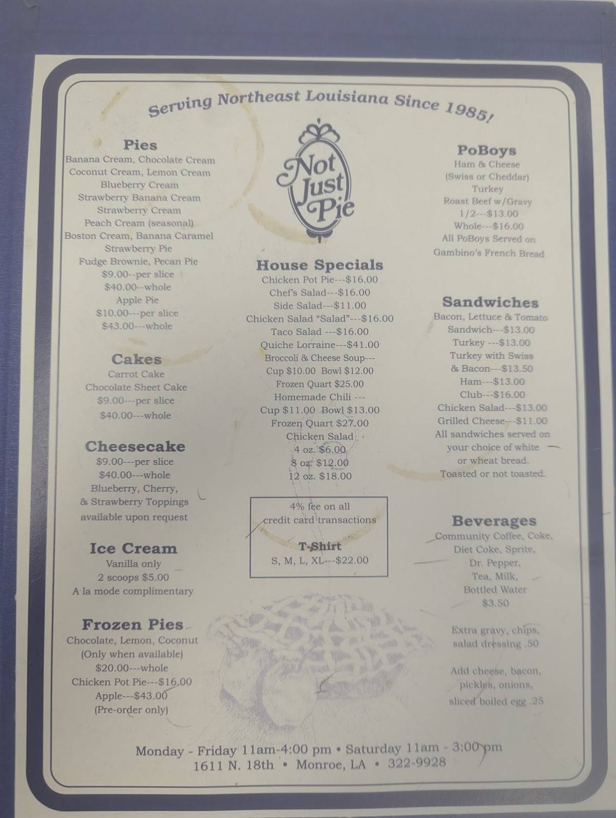 Menu at Not Just Pie restaurant, Monroe