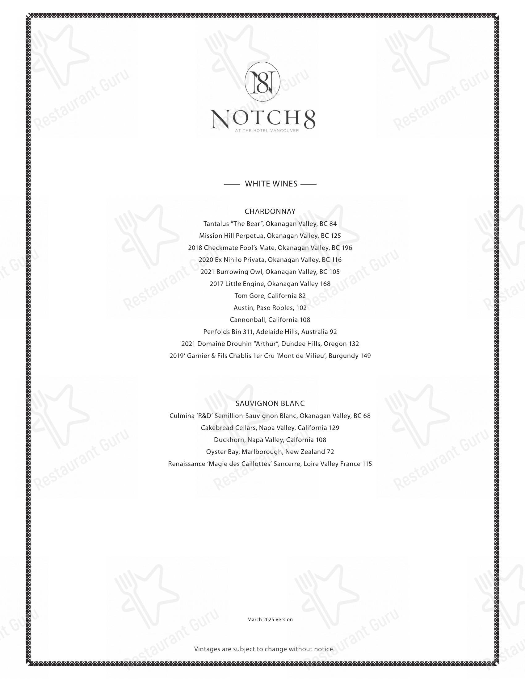 Menu at Notch8 Restaurant & Bar, Vancouver