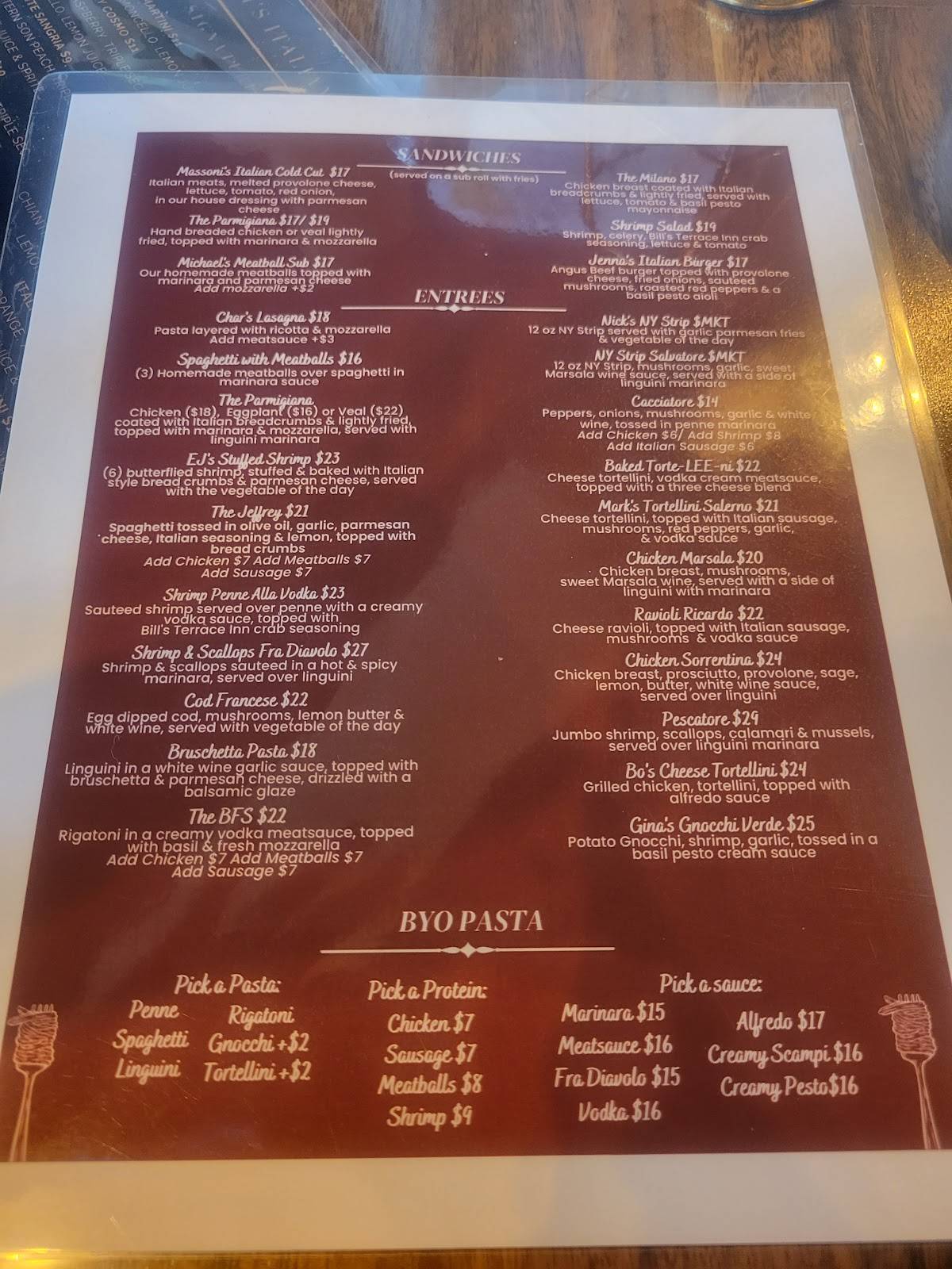 Menu at Massoni's Italian Restaurant, Nottingham