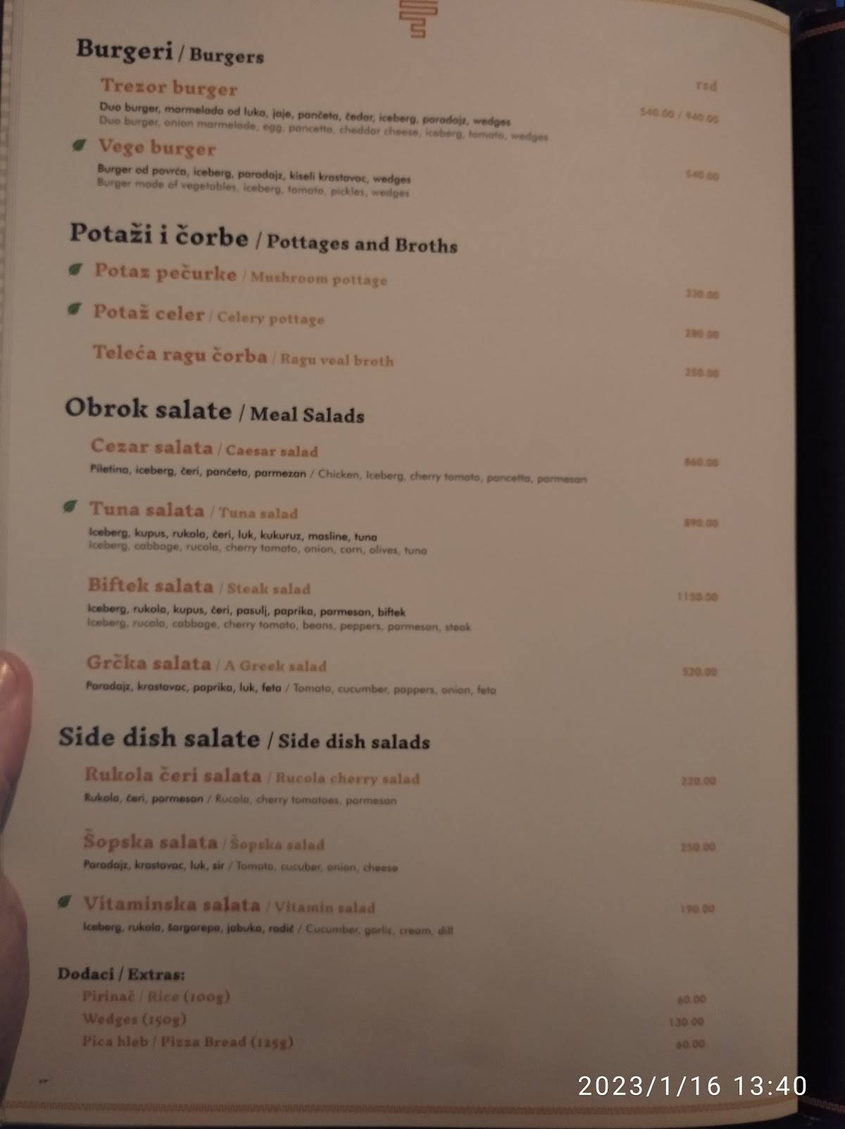 Menu at Kafe & Restoran Trezor restaurant, Novi Sad