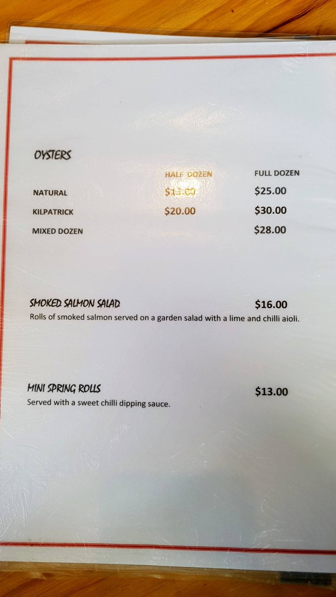 Menu at Nubeena Tavern restaurant, Nubeena