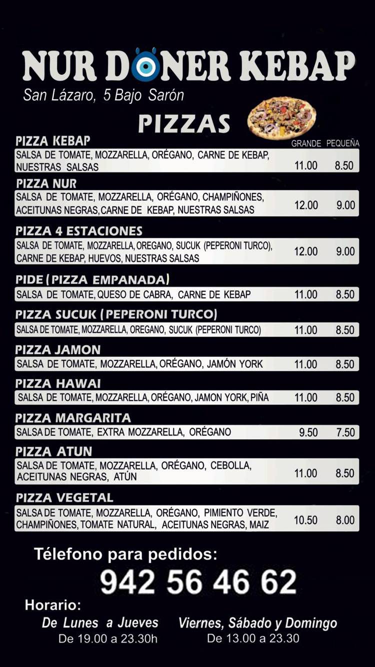 Carta del restaurante Nur Döner Kebap, Sarón