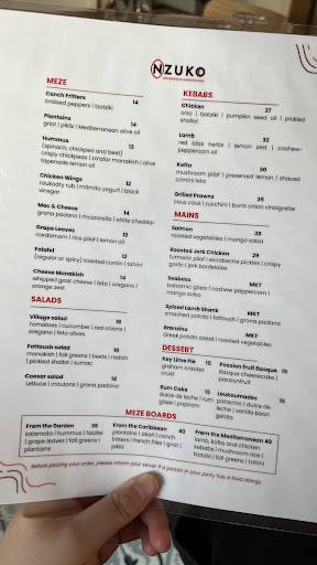 Menu at Nzuko restaurant, Watertown