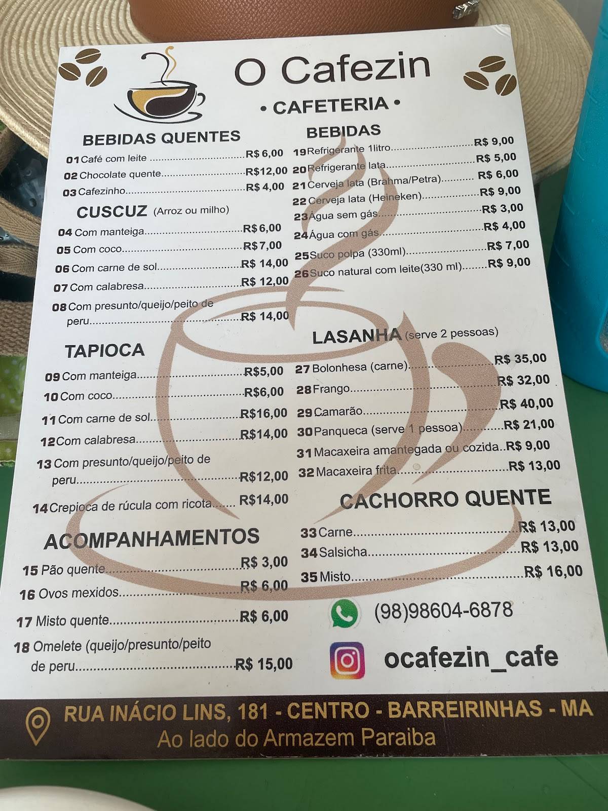 Menu em O Cafezin, Brasil