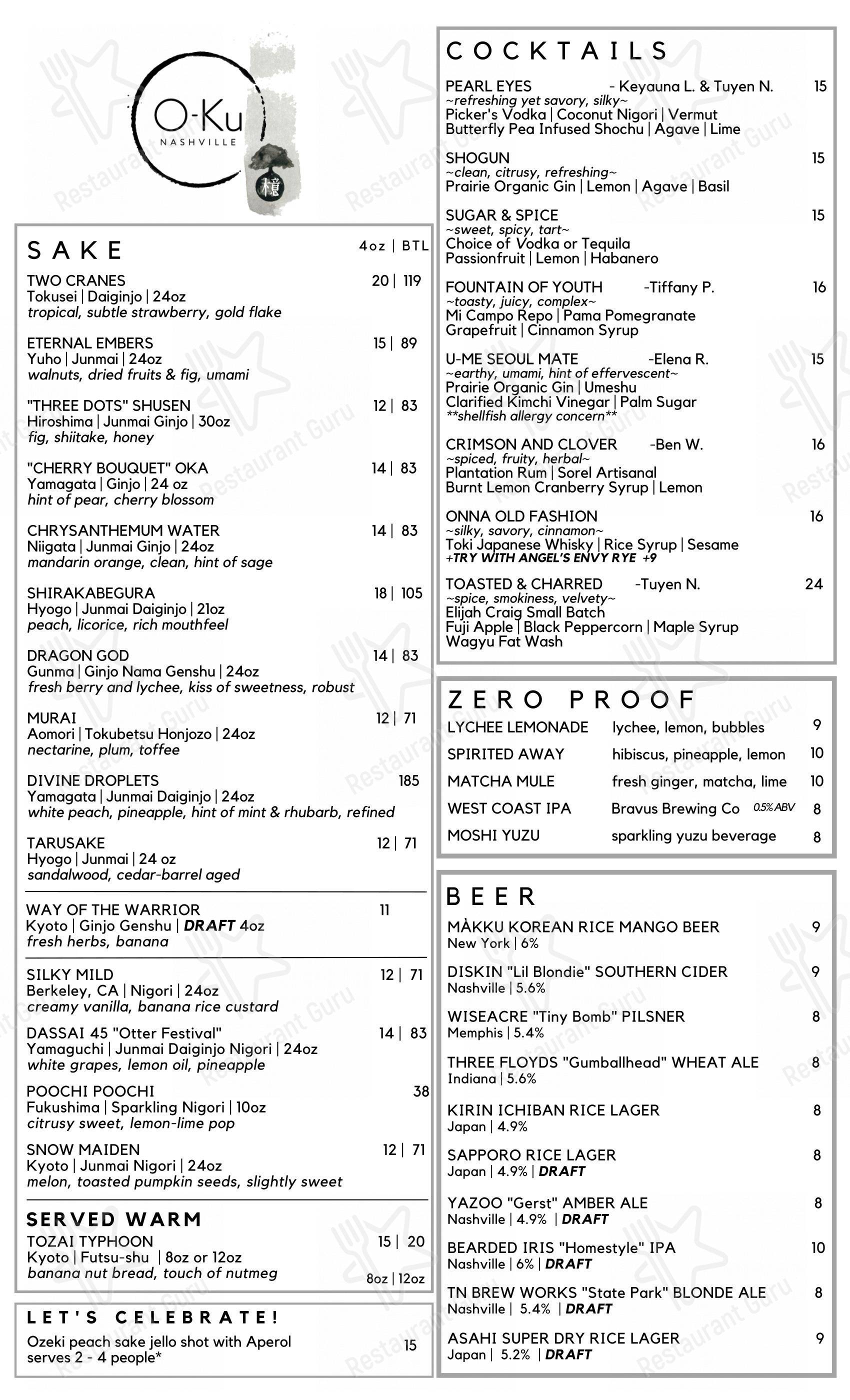 Menu at O-Ku restaurant, Nashville