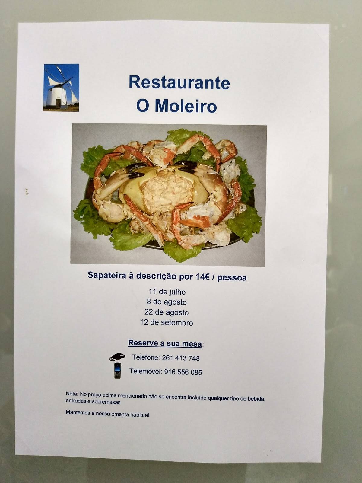 Menu em O Moleiro. Restaurante snack bar, Lourinhã, Estrada Nacional 247