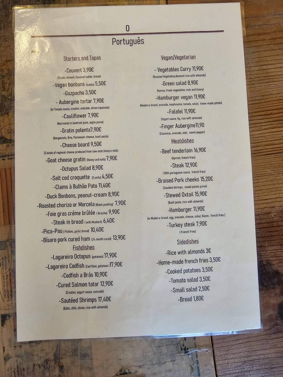 Menu at O Português Chiado restaurant, Lisbon