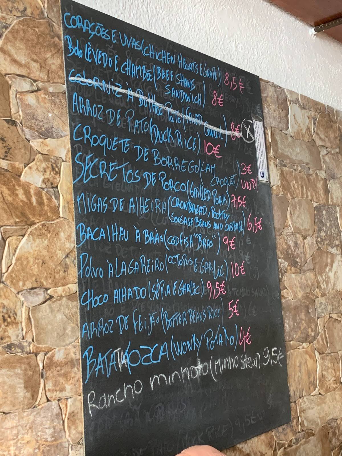Menu at O Velho Eurico restaurant, Lisbon