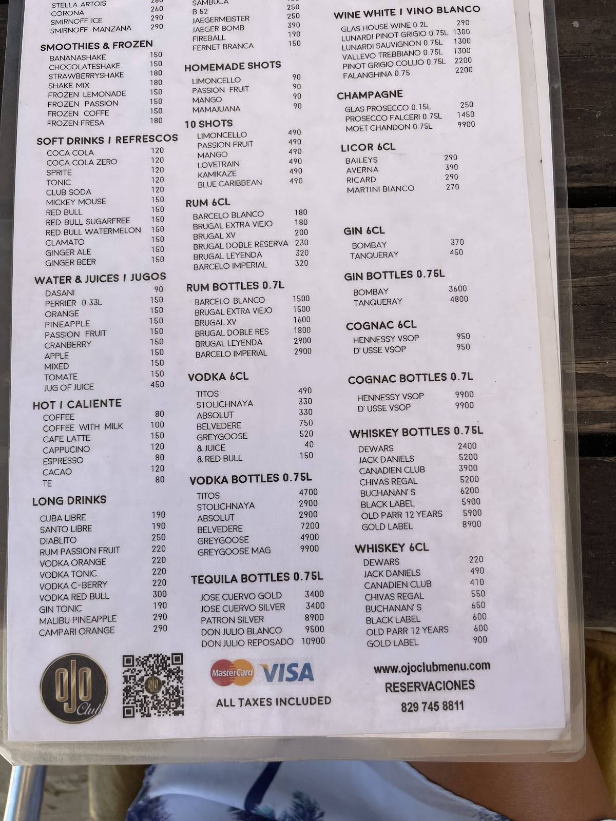 Menu at OJO CLUB, Cabarete, Centro de Cabarete