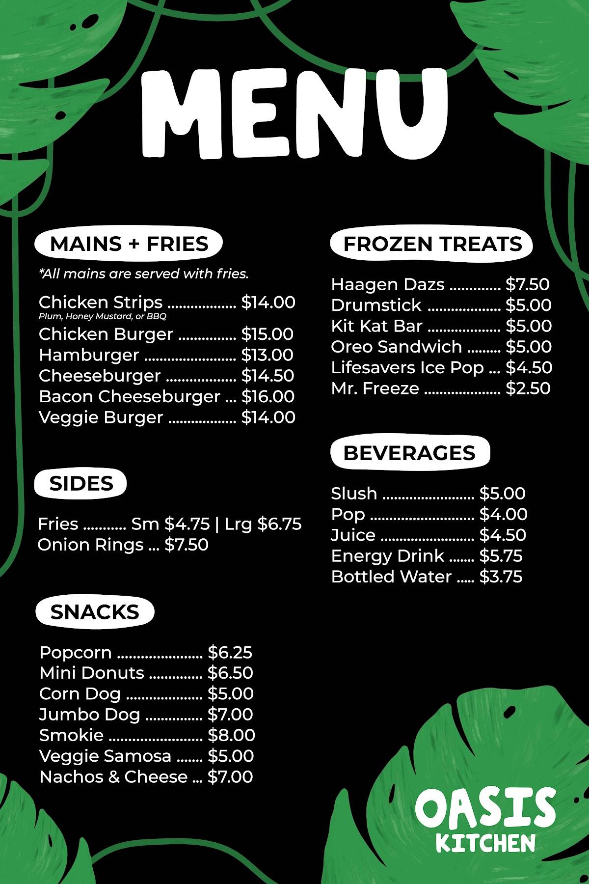 Carta del restaurante Oasis Kitchen, Abbotsford