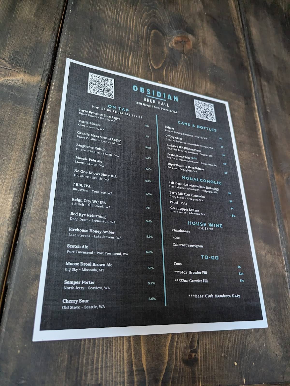 Menu at Obsidian Beer Hall pub & bar, Everett