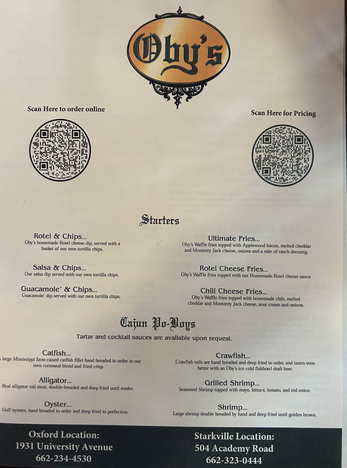 Menu at Oby's of Starkville restaurant, Starkville