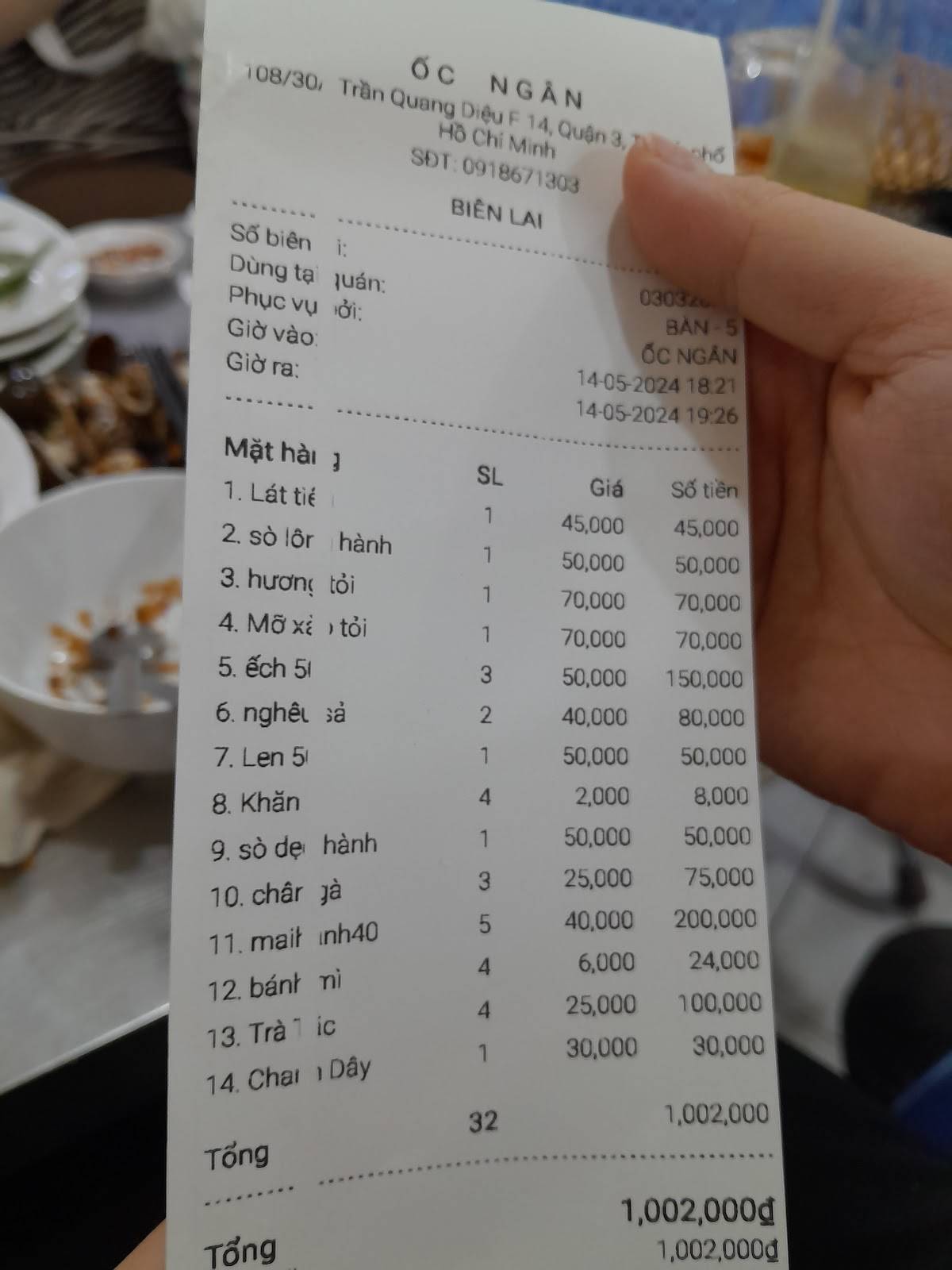 Menu at Ốc Ngân restaurant, Ho Chi Minh City, 108/30 A