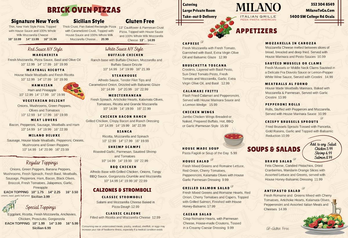 Menu at Milano Italian Grille pizzeria, Ocala