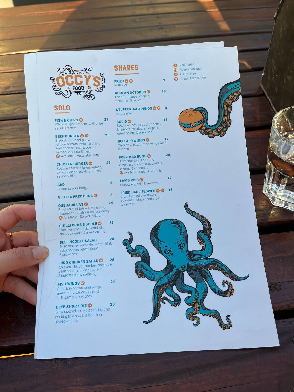 Menu at Occy's restaurant, Dunsborough, 12/34 Dunn Bay Rd