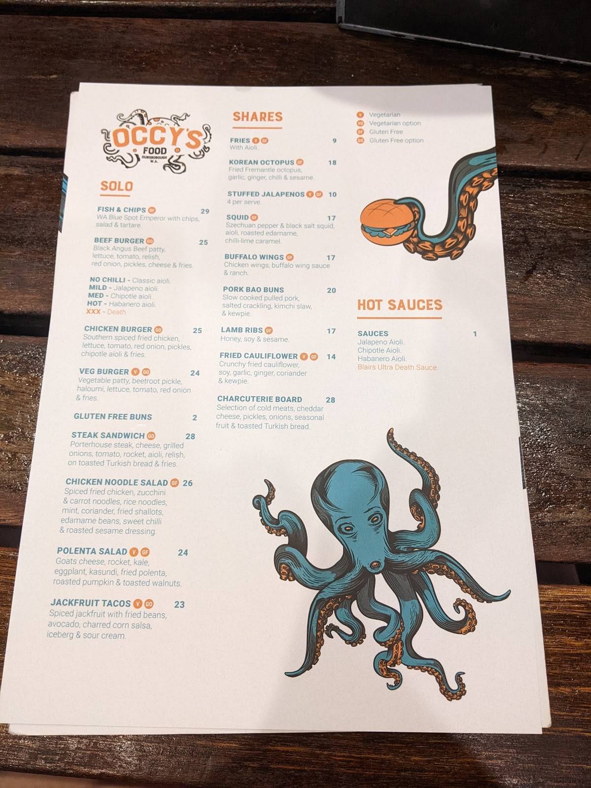 Menu at Occy's restaurant, Dunsborough, 12/34 Dunn Bay Rd