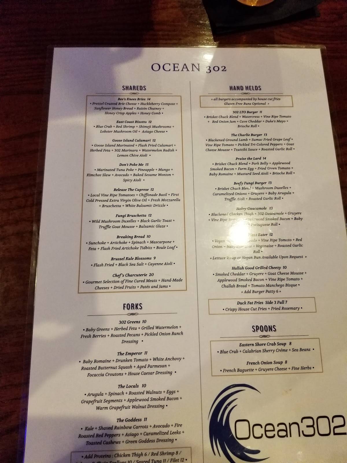 Menu at Ocean 302 steakhouse, Melbourne Beach