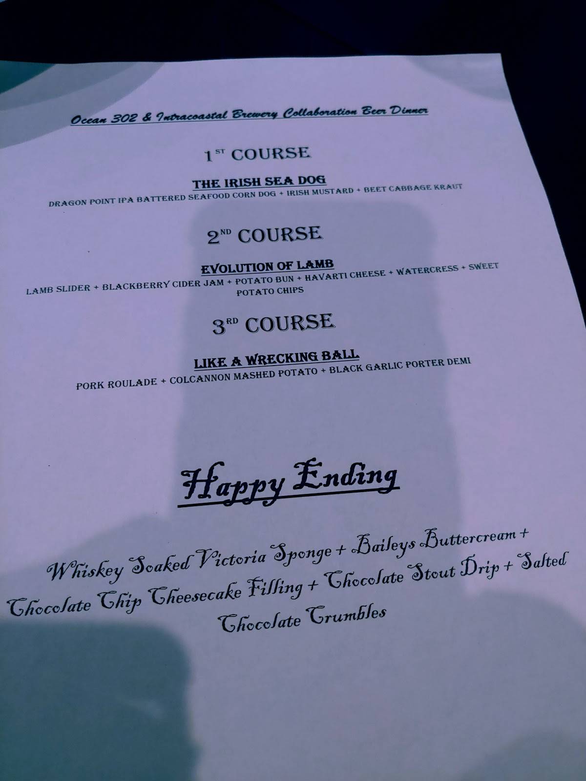 Menu at Ocean 302 steakhouse, Melbourne Beach