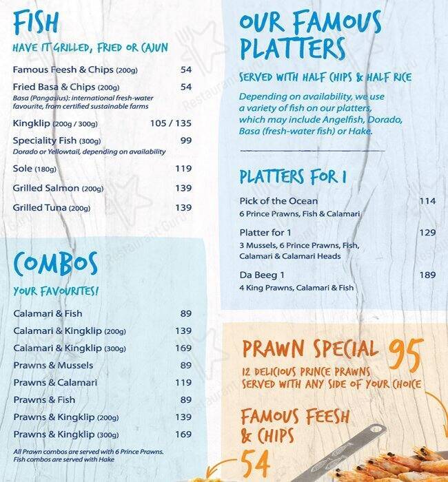 Menu at Ocean Basket restaurant, Durban, Musgrave Centre
