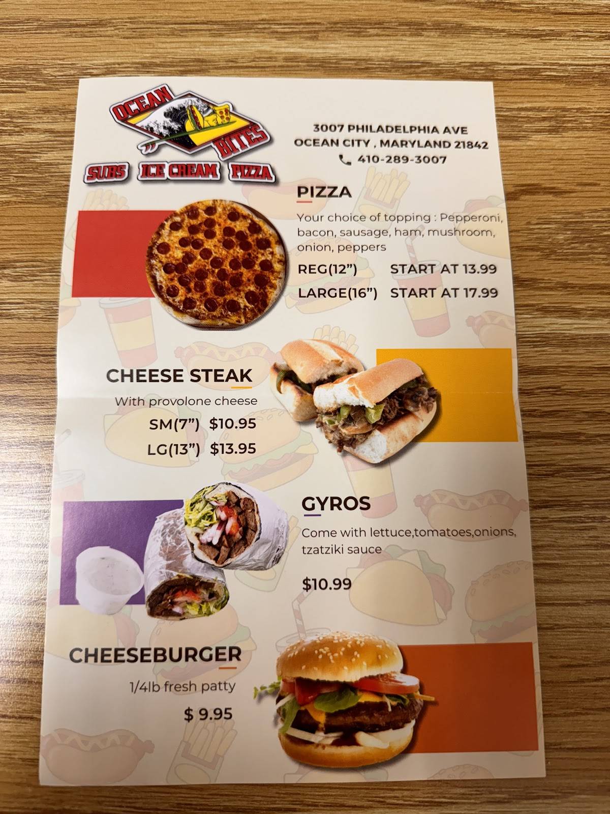 Menu at Ocean Bites pizzeria, Ocean City, Philadelphia Ave