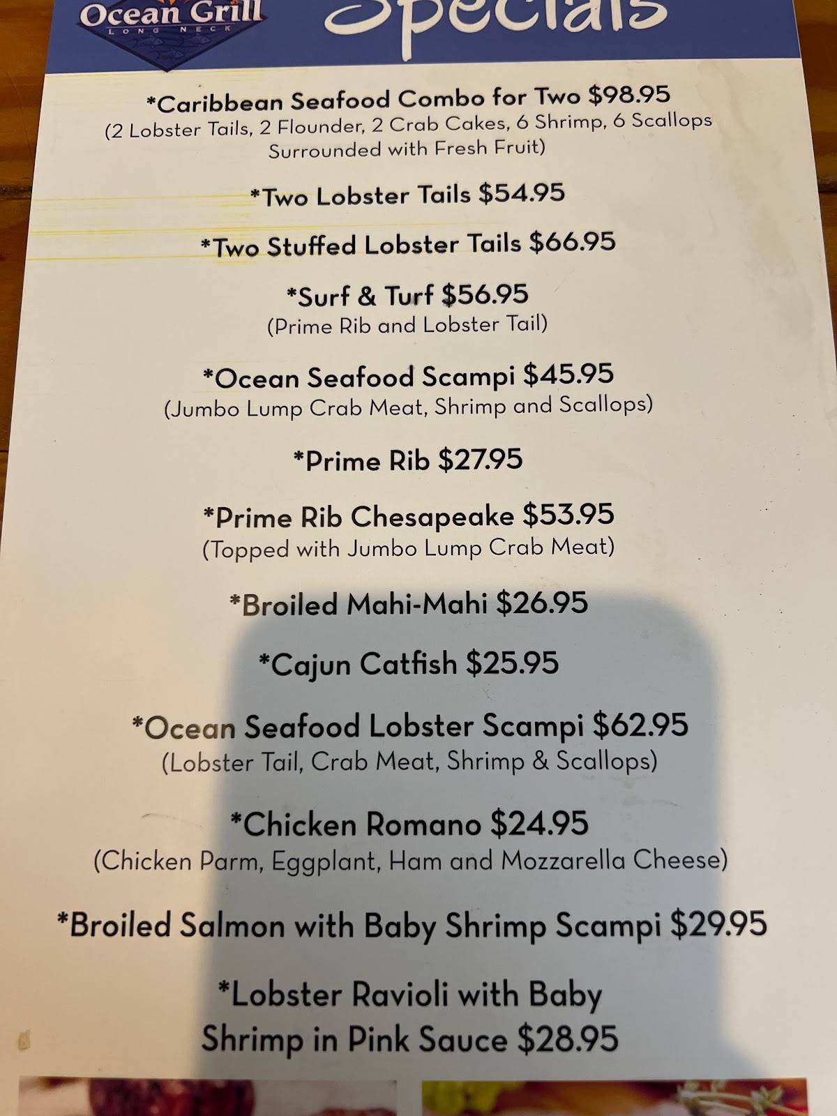 Menu at Ocean Grill Longneck restaurant, Long Neck
