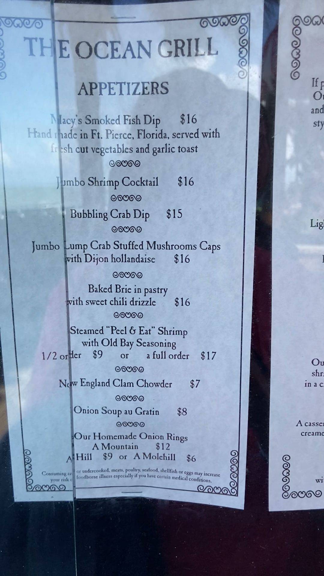Menu at Ocean Grill steakhouse, Vero Beach, Beachland Blvd